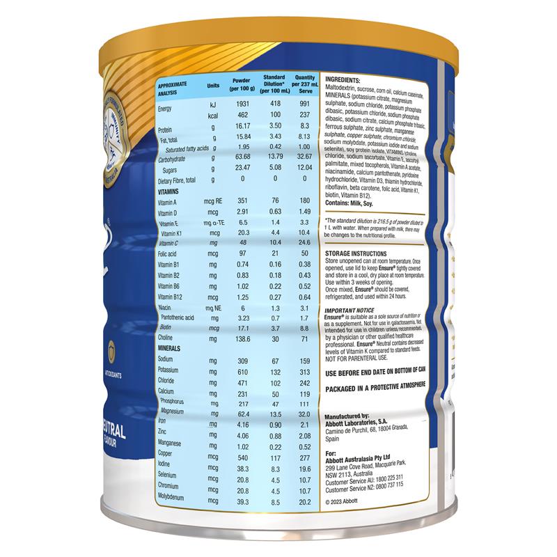 Buy Ensure Powder Neutral 850g Online at Chemist Warehouse®