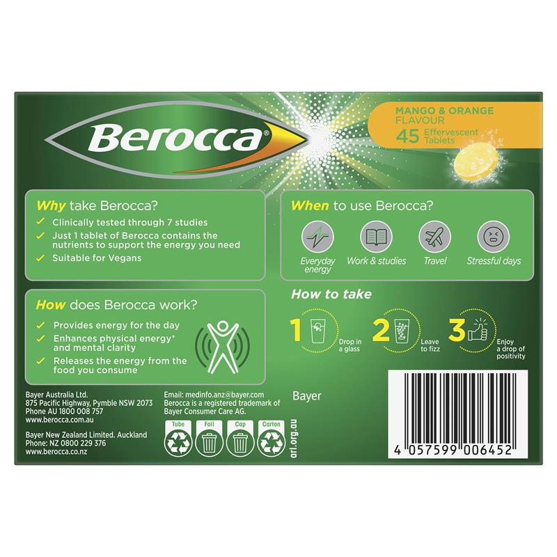 Buy Berocca Energy Mango & Orange 45 Effervescent Tablets Online at ...