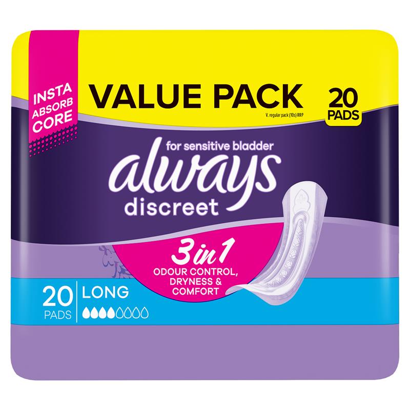 Buy Always Discreet Long Pads Value 20 Pack Online at Chemist Warehouse®