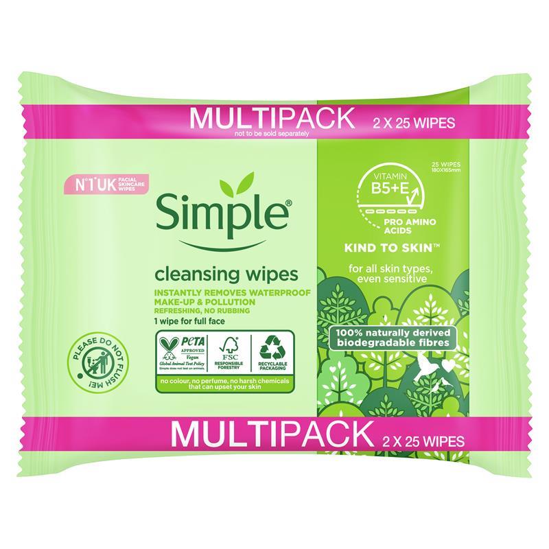 Buy Simple Biodegradable Cleansing Wipes 2 x 25 Pack Online at Chemist ...