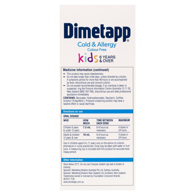 Buy Dimetapp Kids Cold & Allergy Colour Free Elixir 200ml Online at ...
