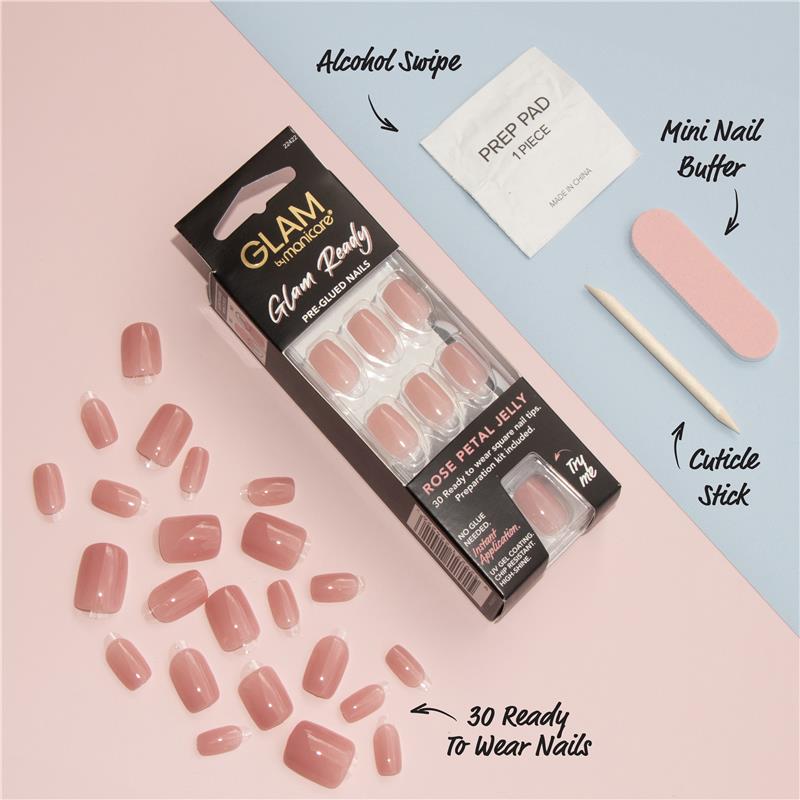 Buy Glam By Manicare Ready Pre-Glued Nails 30 Pieces Rose Petal Jelly ...