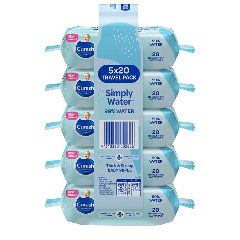 Buy Curash Baby Travel Water Wipes 5 x 20 Pack Online at Chemist Warehouse®