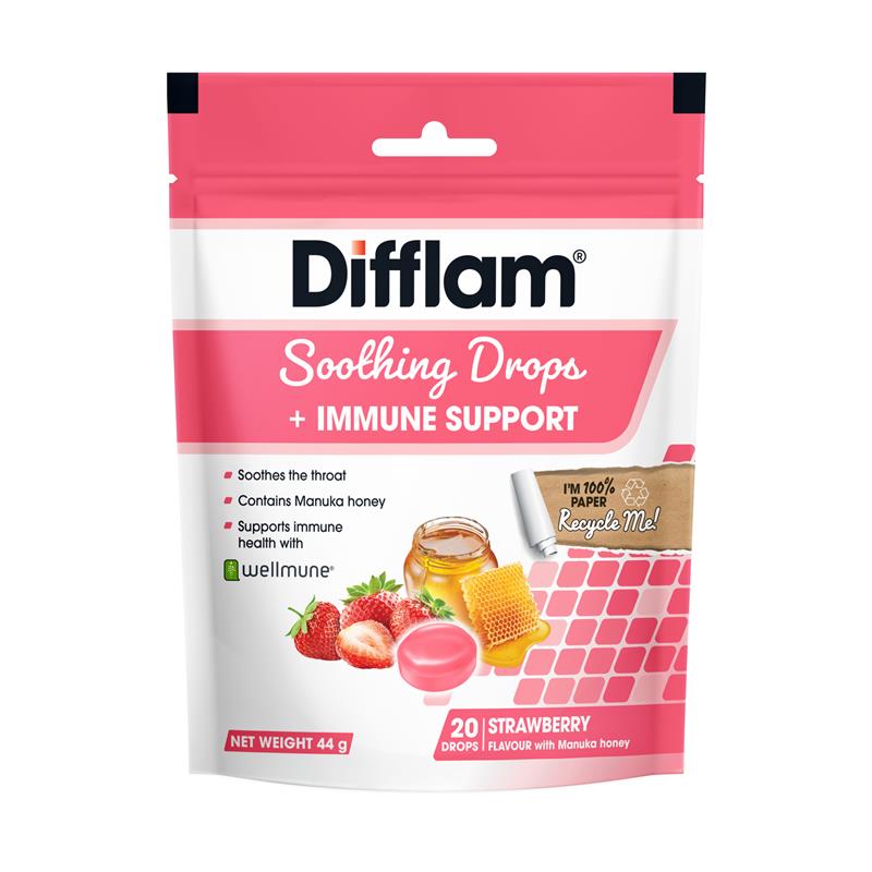 Buy Difflam Soothing Drops + Immune Support Strawberry 20 Drops Online ...