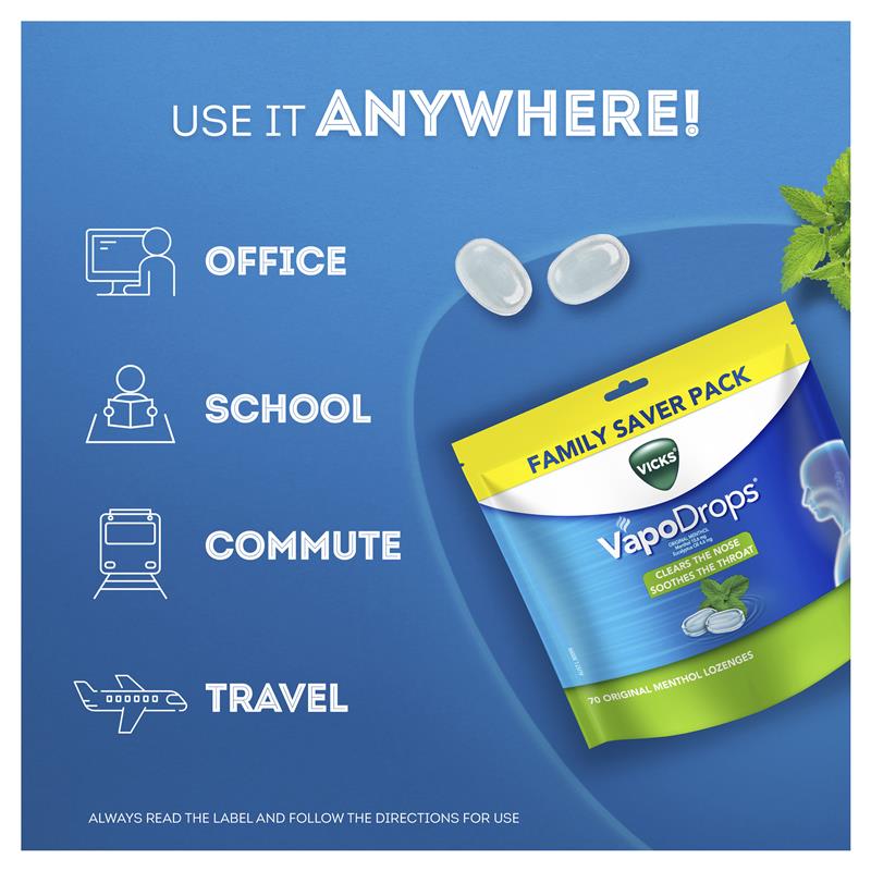 Buy Vicks VapoDrops Original Menthol 70 Lozenges Online at Chemist ...