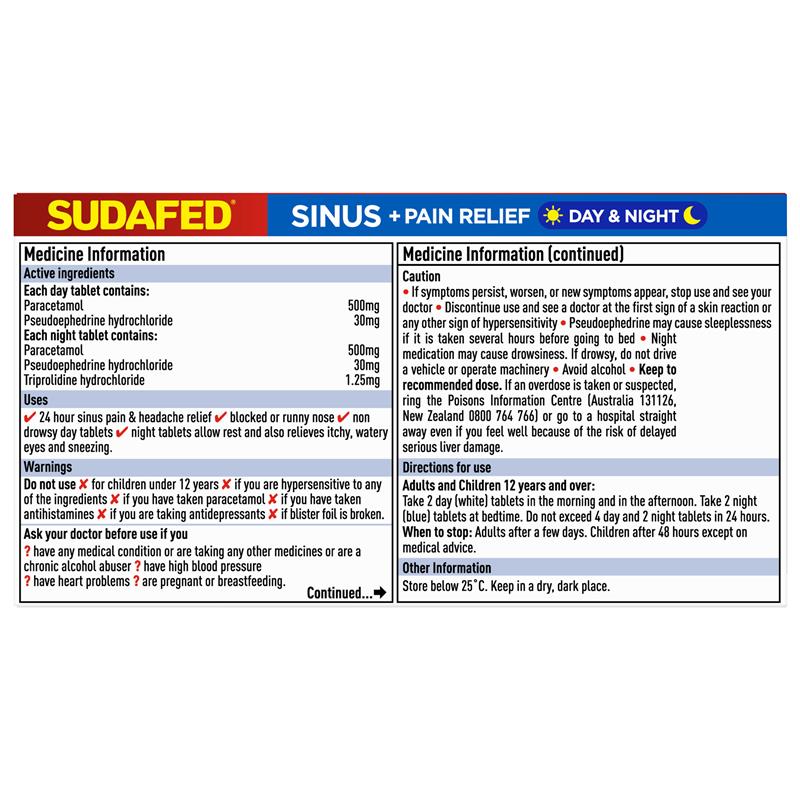Buy Sudafed Sinus & Pain Relief Day & Night PSE 24 Tablets (Pharmacist ...