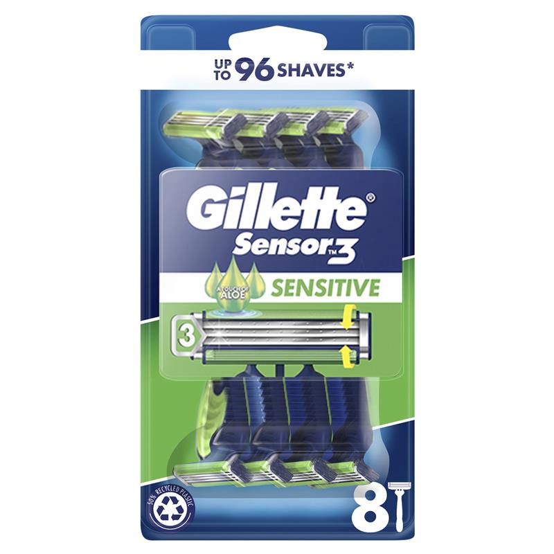 Buy Gillette Sensor 3 Sensitive Disposables Razors 8 Pack Online at ...