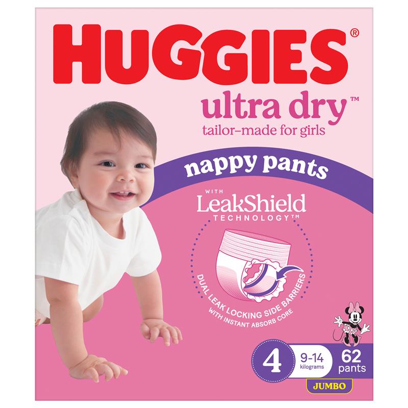 Buy Huggies Ultra Dry Nappy Pants Size 4 Girl 9 - 14kg Jumbo 62 Pack ...