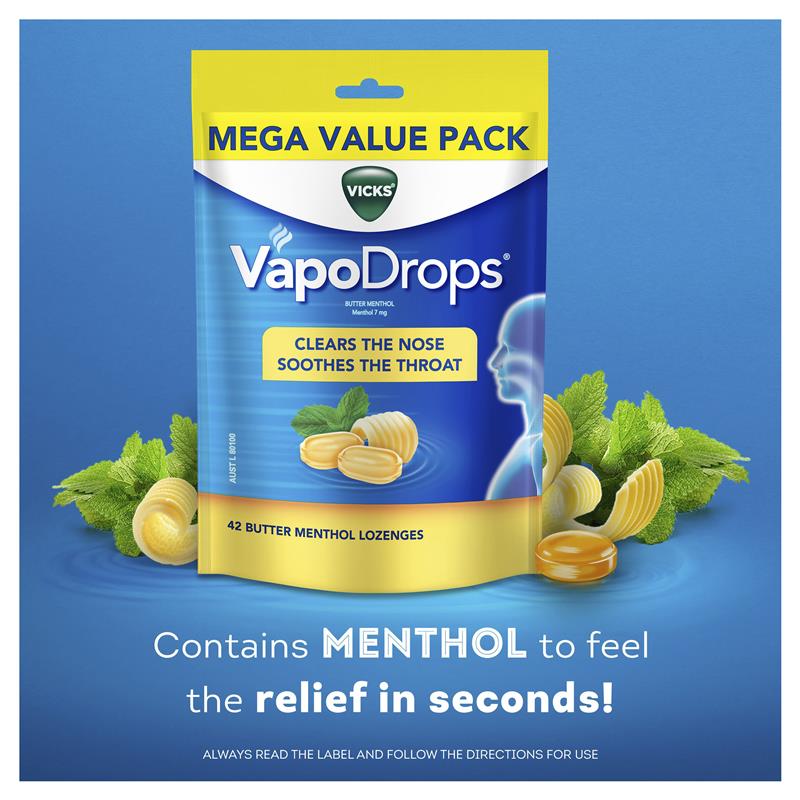 Buy Vicks VapoDrops Butter Menthol 42 Lozenges Online at Chemist Warehouse®